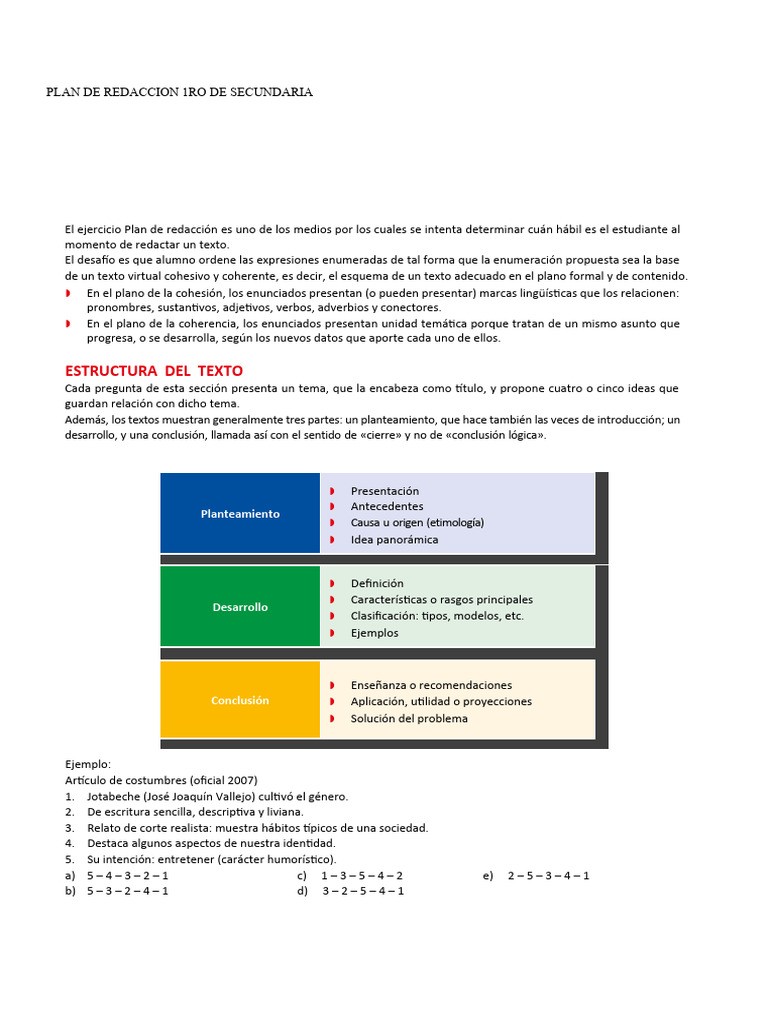 Plan de Redaccion para Primer Grado de Secundaria | PDF | Bronce | Cerebro
