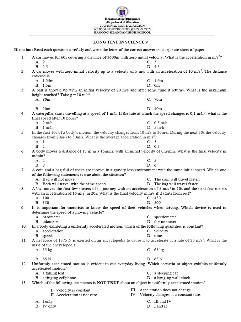 Science 9 Long Test on Motion Concepts | PDF | Acceleration ...