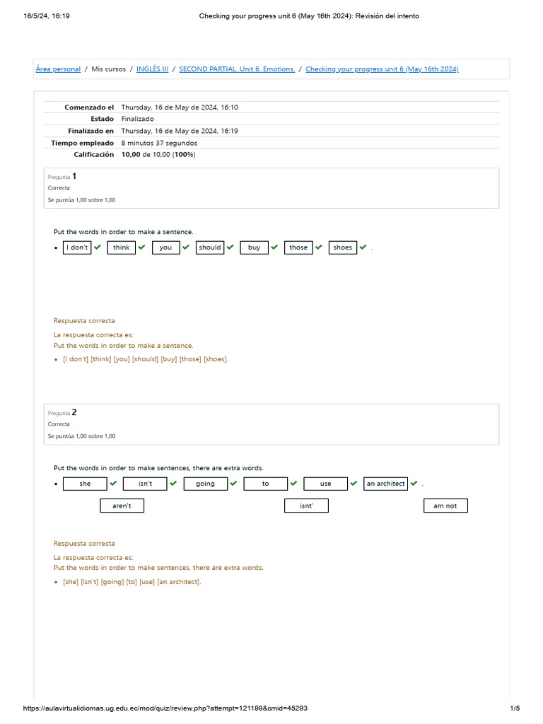 Checking Your Progress Unit 6 (May 16th 2024) - Revisión Del Intento | PDF | Linguistics | Languages
