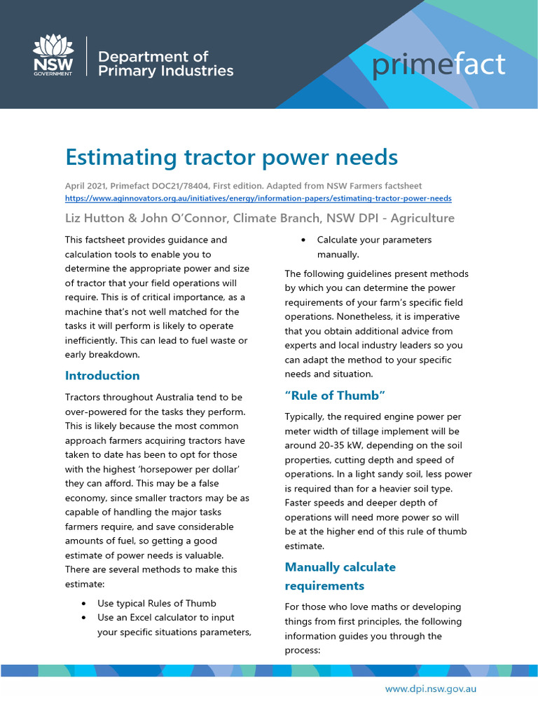 Primefact Estimating Tractor Power Needs | PDF | Tillage | Tractor