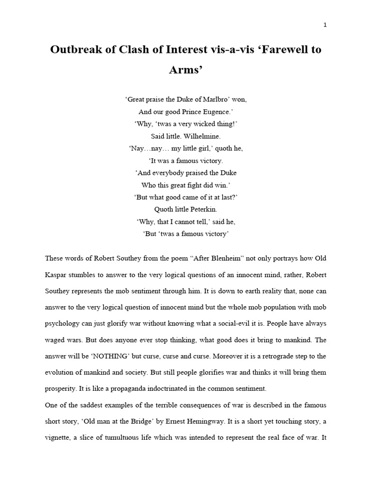 Outbreak of Clash of Interest Vis-A-Vis 'Farewell To Arms' | PDF ...