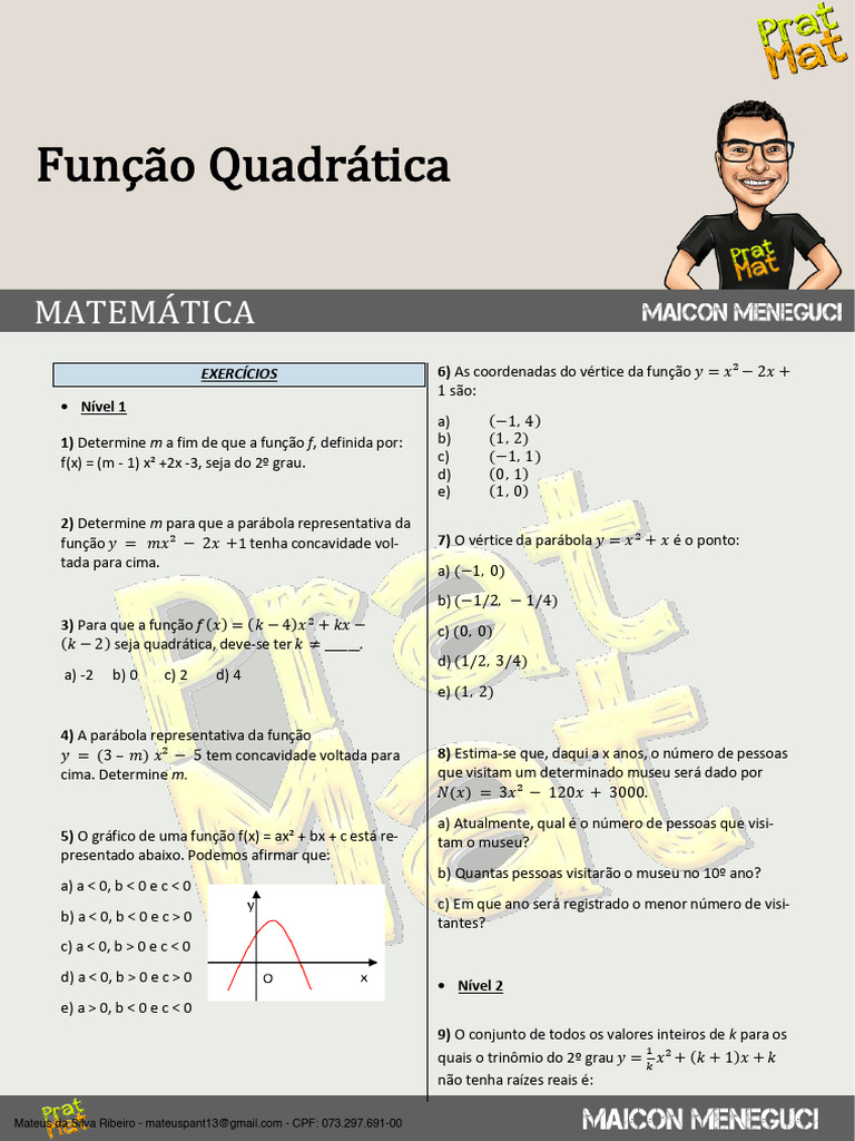 Lista de Exercícios de Função Quadrática - Parte 01 | PDF | Função ...
