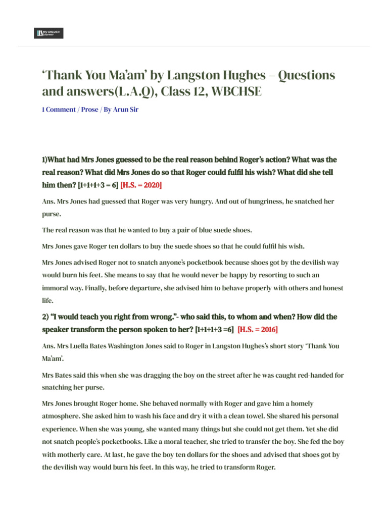 'Thank You Ma'Am' by Langston Hughes - Questions and Answers (L.a.Q ...