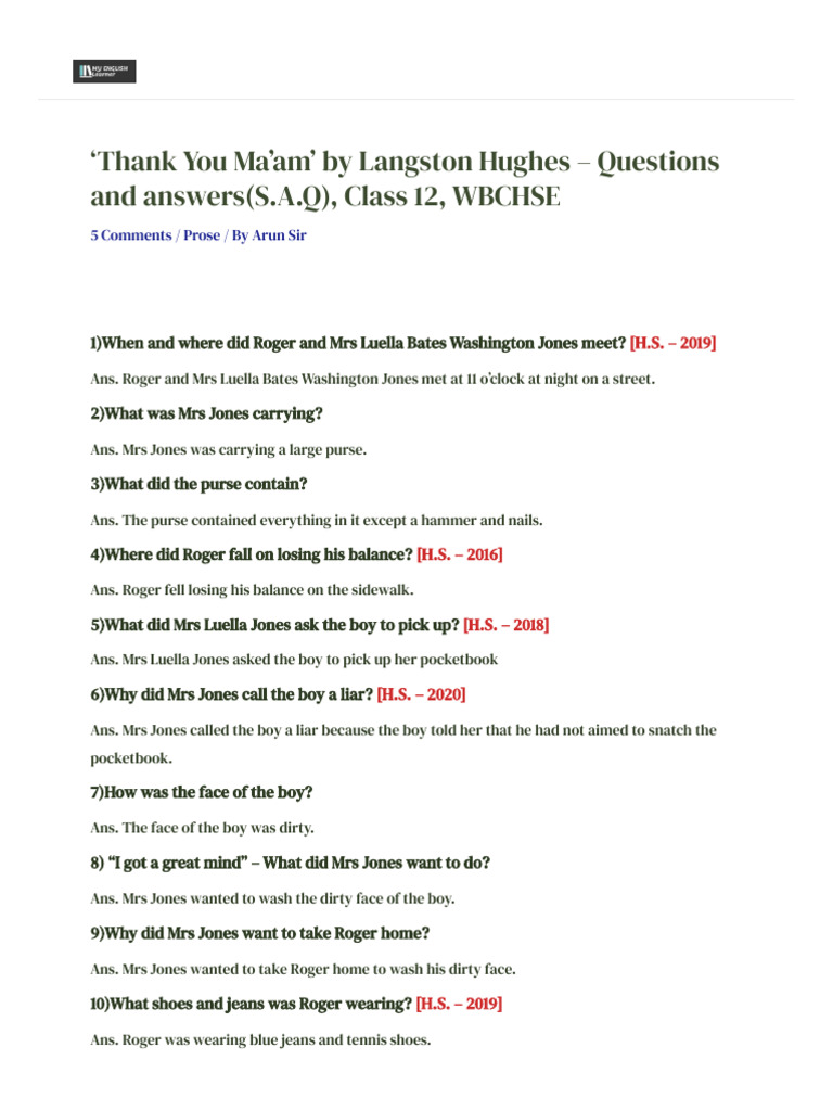 'Thank You Ma'Am' by Langston Hughes - Questions and Answers (S.a.Q ...