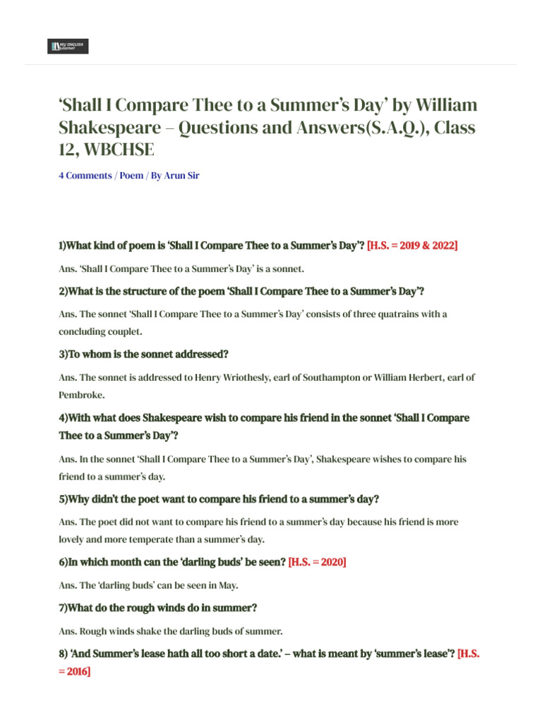 Sonnet 18 Q&A for Class 12 Students | PDF | Poems | Poetry