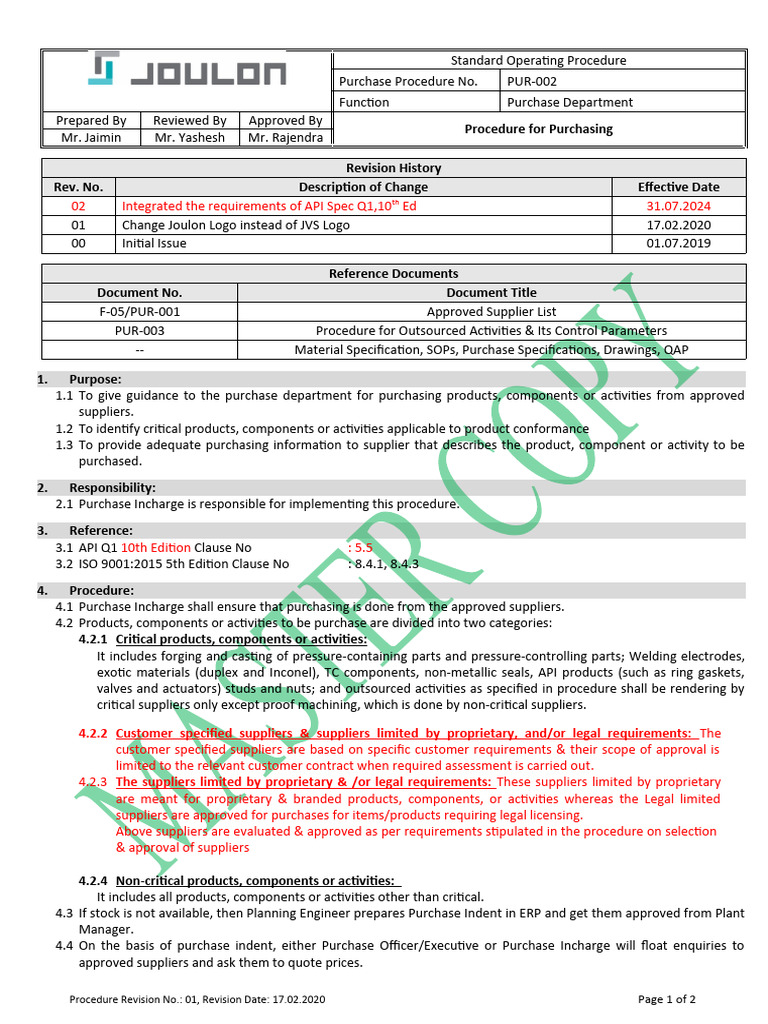 OK RVD D Q10 PUR 002 Procedure For Purchasing Rev 01 18.6.24 | PDF | Specification (Technical ...