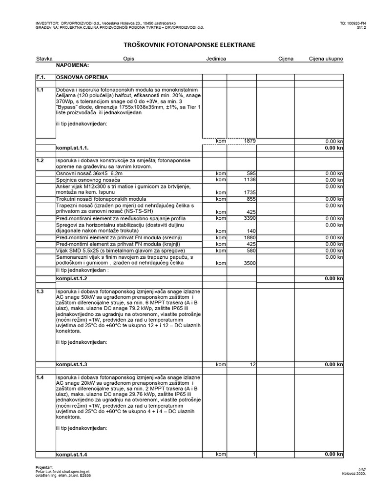 Prilog II Troskovnik I Tehnicke Specifikacije - 28 - 6 - 22 | PDF