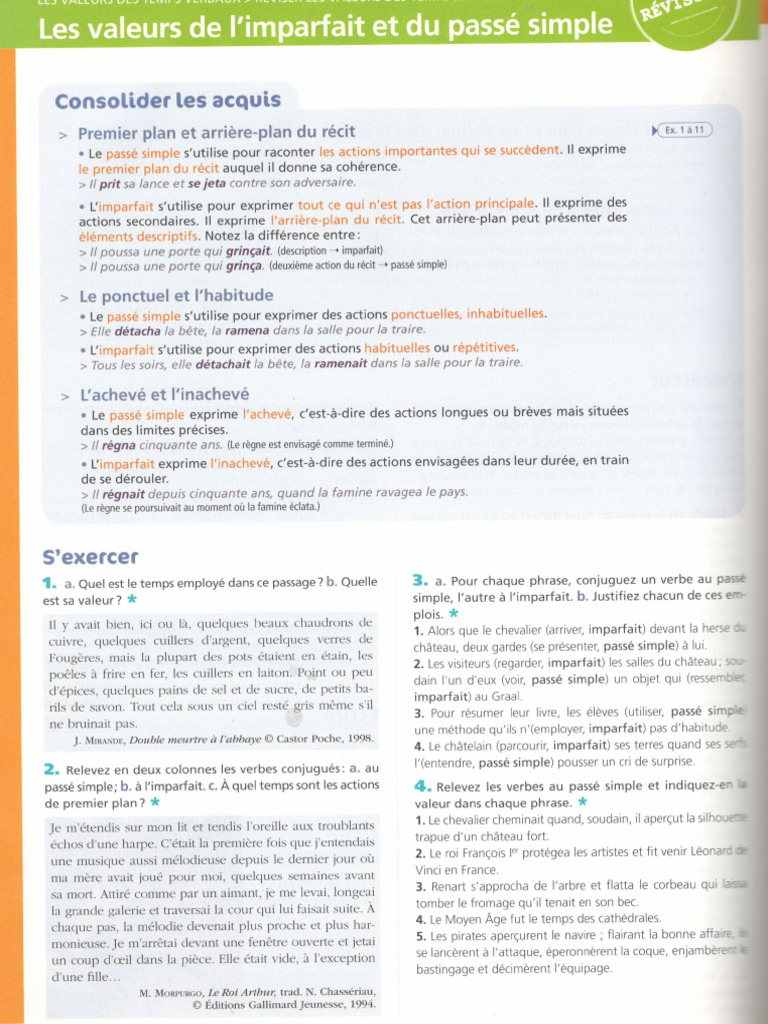 Exercices Les Valeurs de L'imparfait Et Du Passe Simple Page 1 | PDF