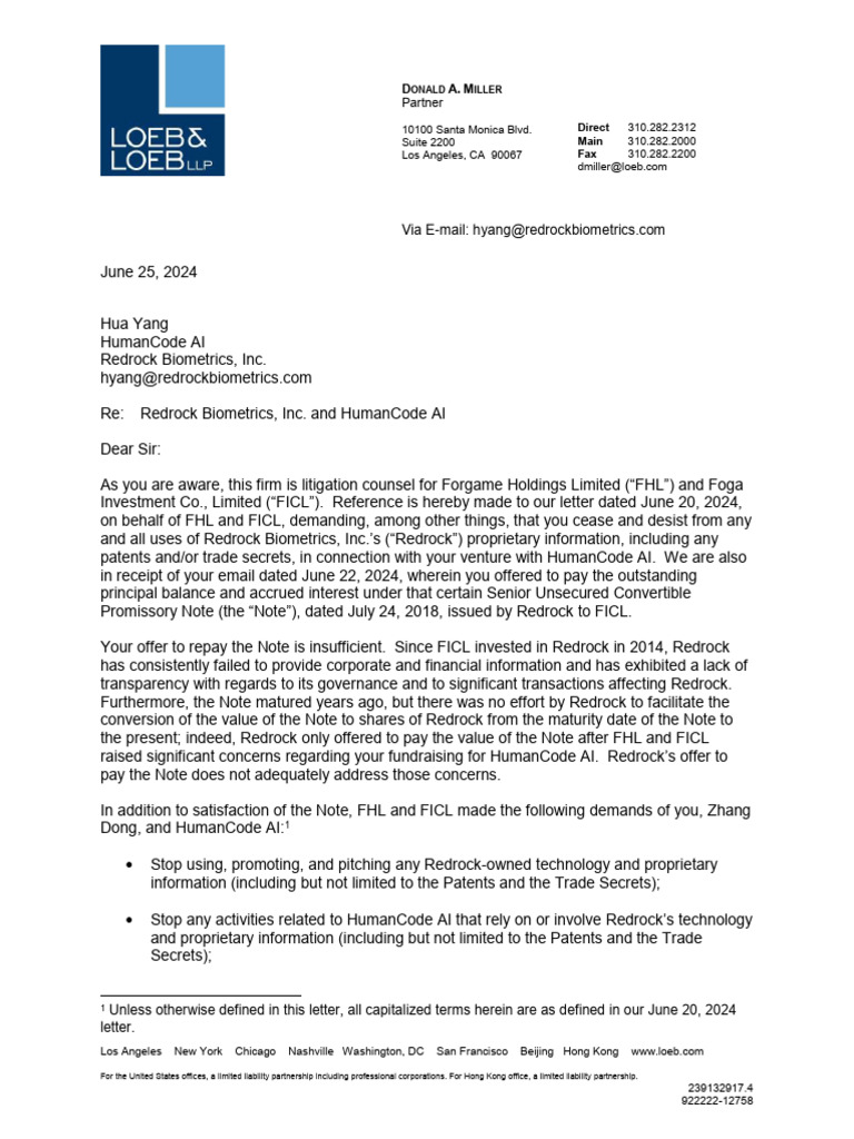 Letter To Hua Yang Re Redrock Biometrics and HumanCode AI DTD 062524 | PDF | Trade Secret ...