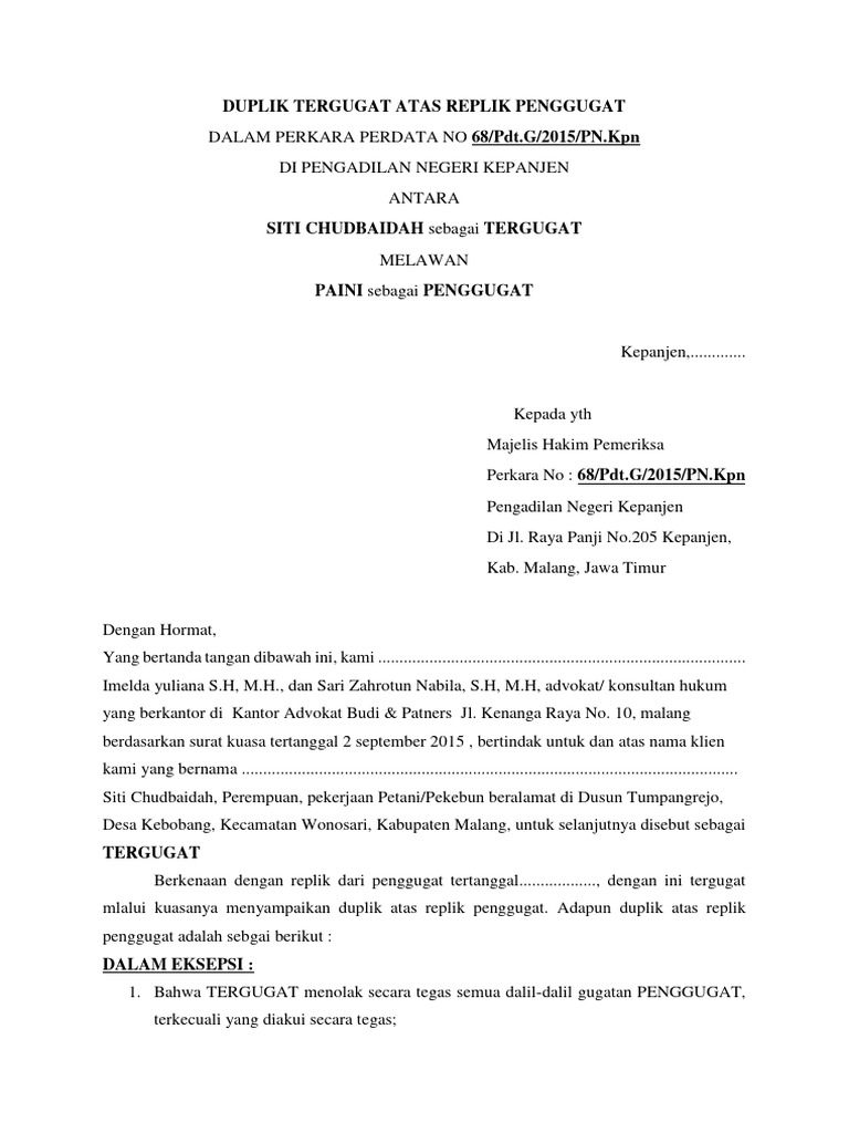 Duplik Tergugat Atas Replik Penggugat | PDF