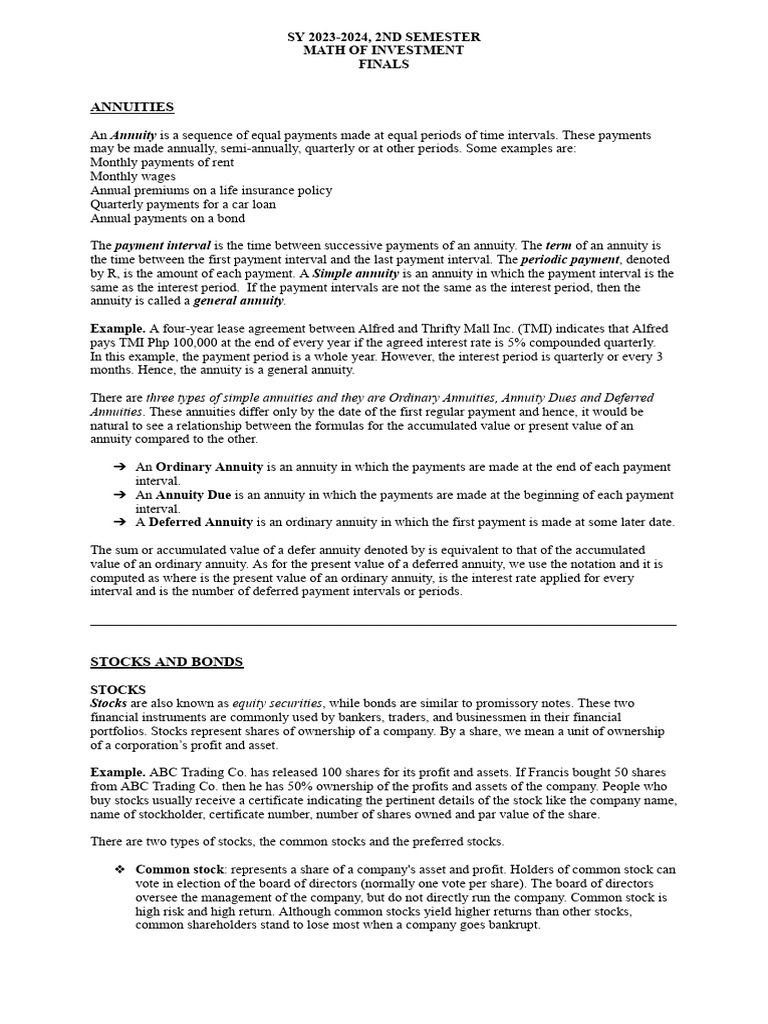 MATH OF INVESTMENT - FinalTopic | PDF | Stocks | Bonds (Finance)