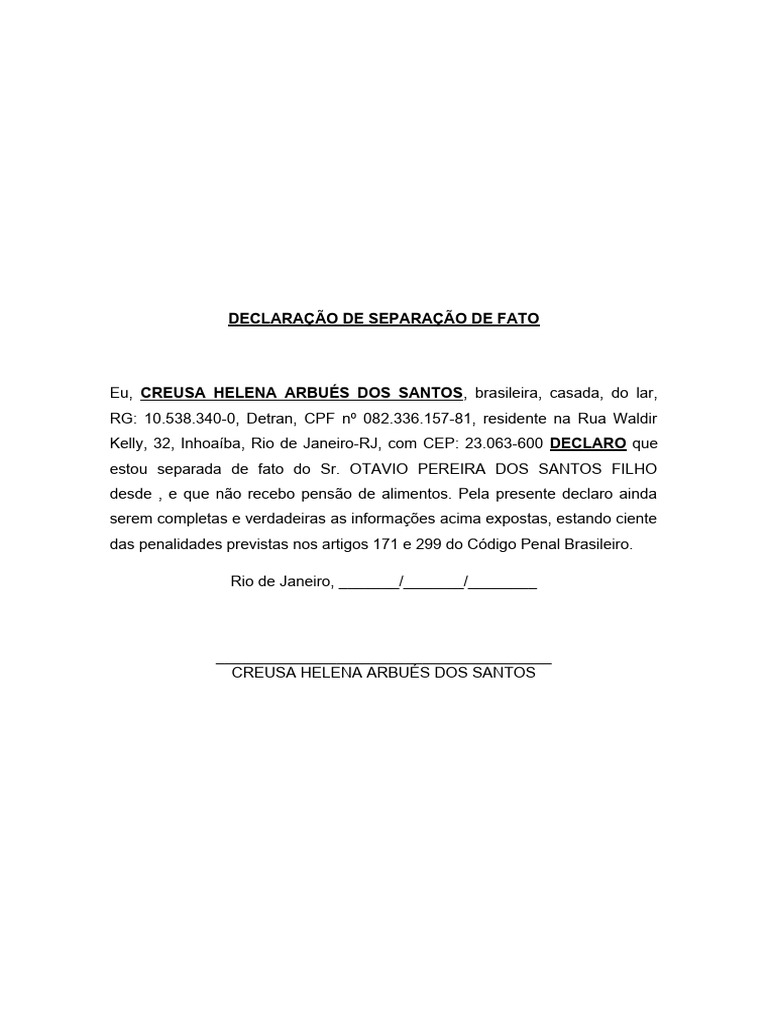 Declaração de Separação de Fato | PDF | Direito