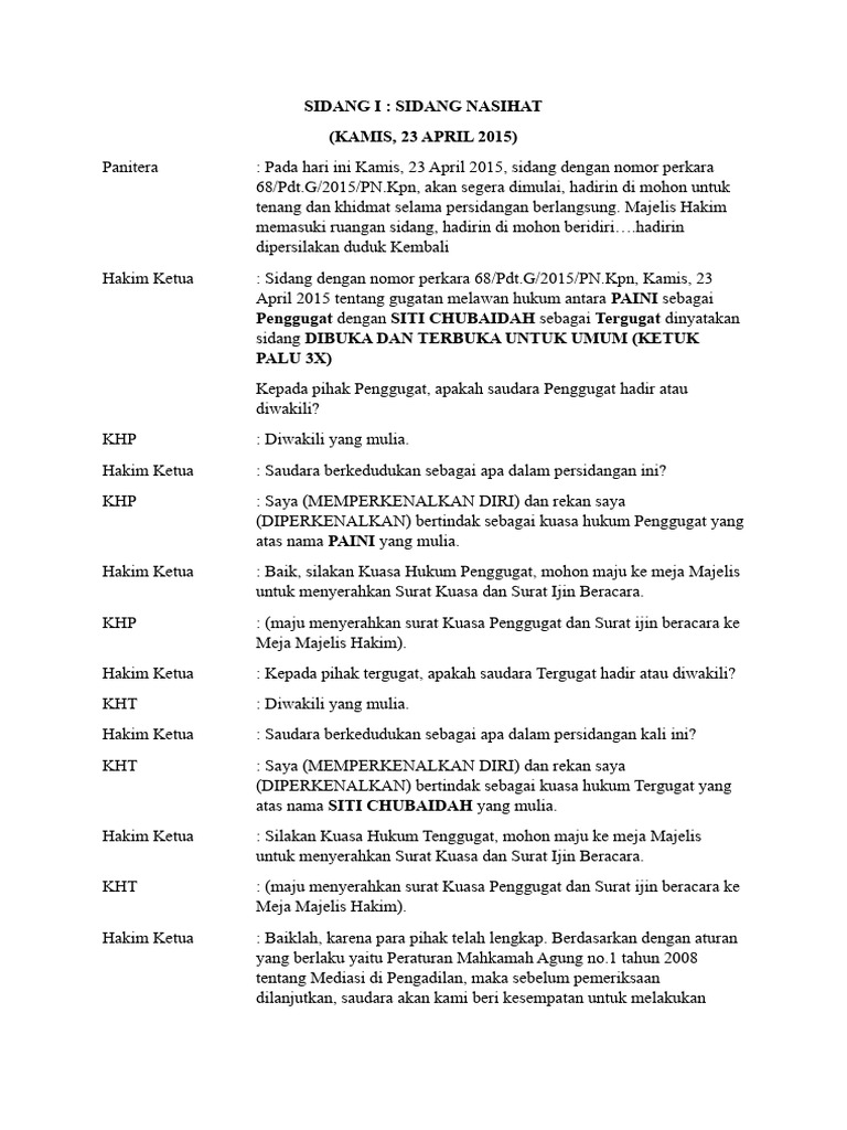 Skenario Sidang Perdata Kelompok 1 | PDF