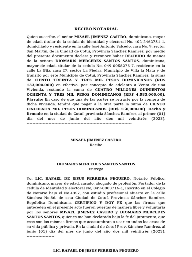 Recibo Notarial Misael Jimenez | PDF