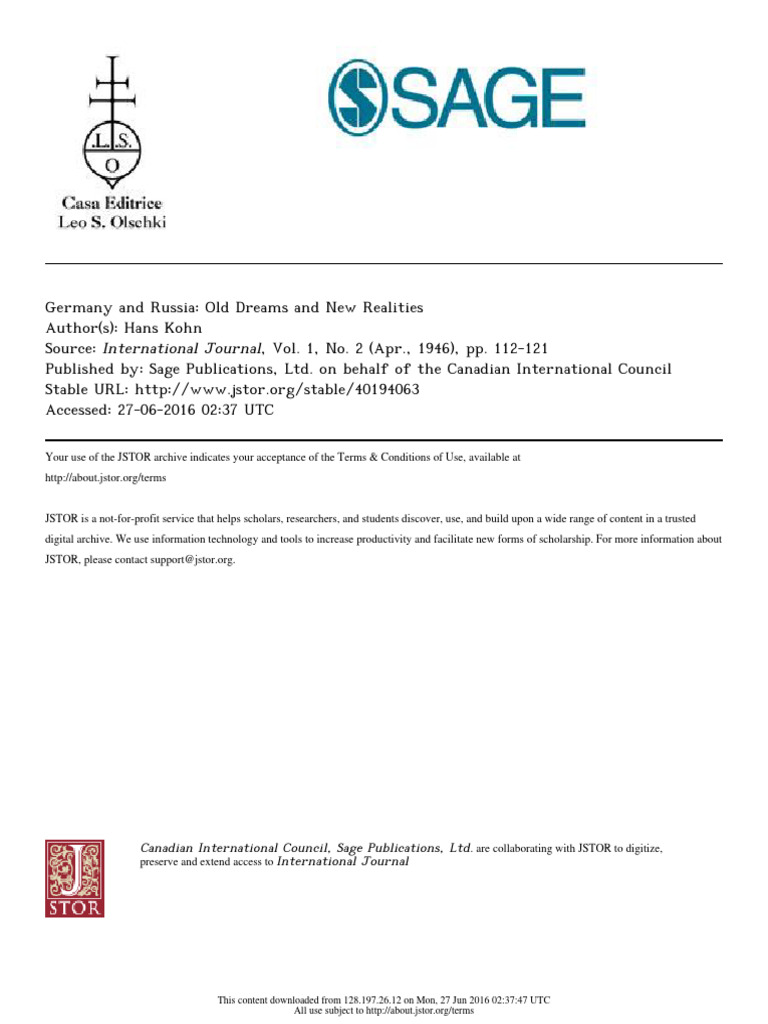 Hans Kohn - Germany and Russia, Old Dreams and New Realities | PDF ...