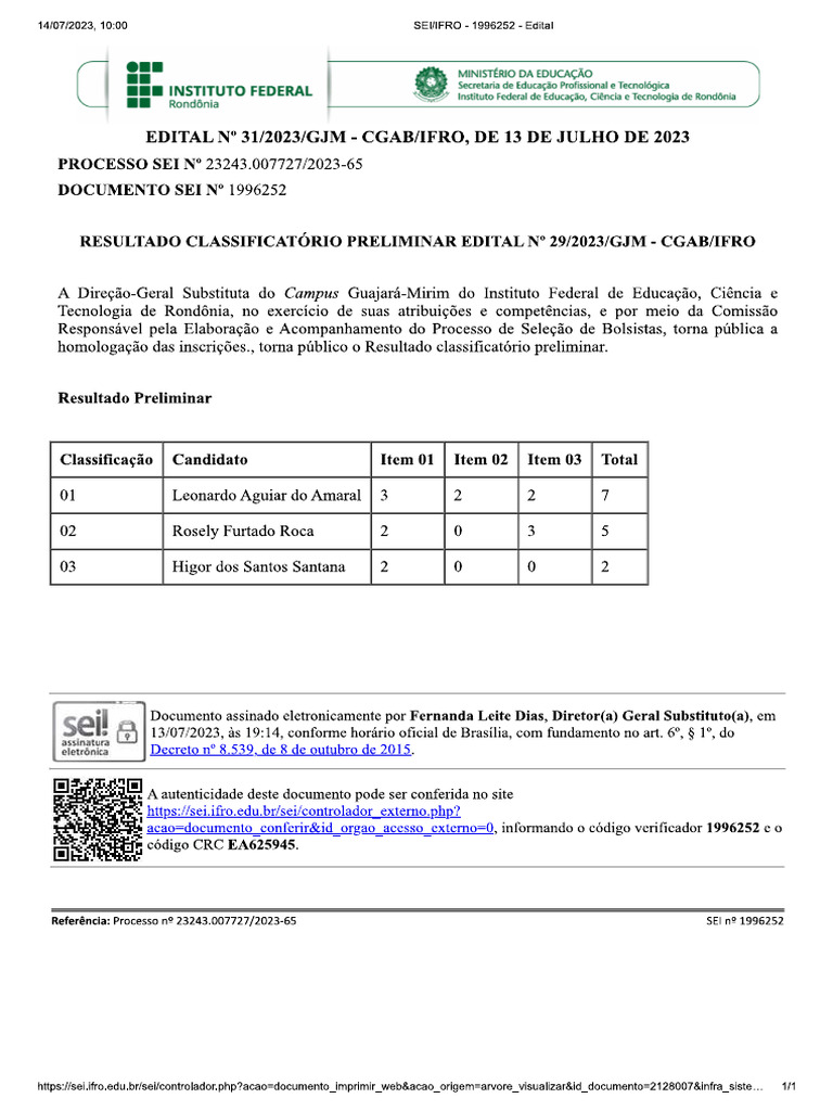 RESULTADO CLASSIFICATRIO PRELIMINAR | PDF