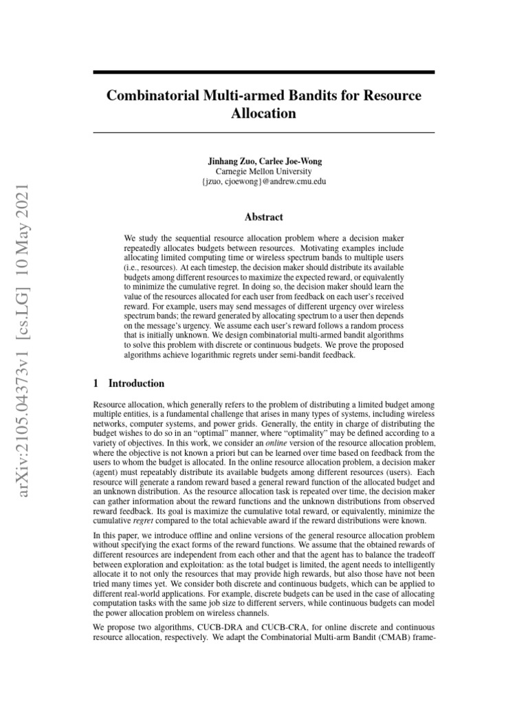 Combinatorial Multi-Armed Bandits For Resource Allocation | PDF | Mathematics