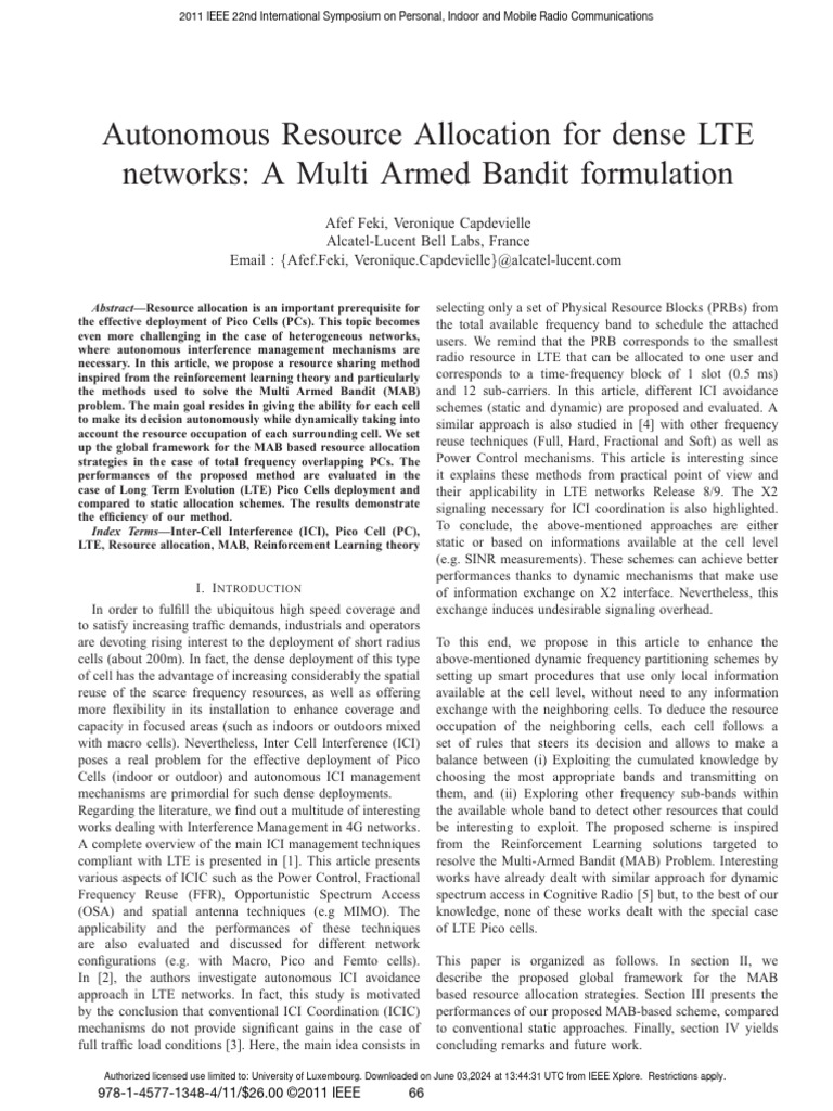 Autonomous Resource Allocation For Dense LTE Networks A Multi Armed Bandit Formulation | PDF ...