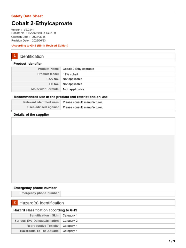 Cobalt Octoate 12%, - MSDS | PDF | Toxicity | Dangerous Goods