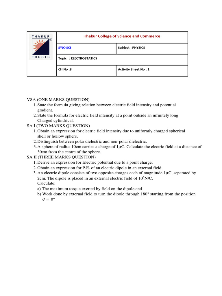 Electrostatics Activity Sheet 1 (2024) | PDF | Capacitor | Capacitance
