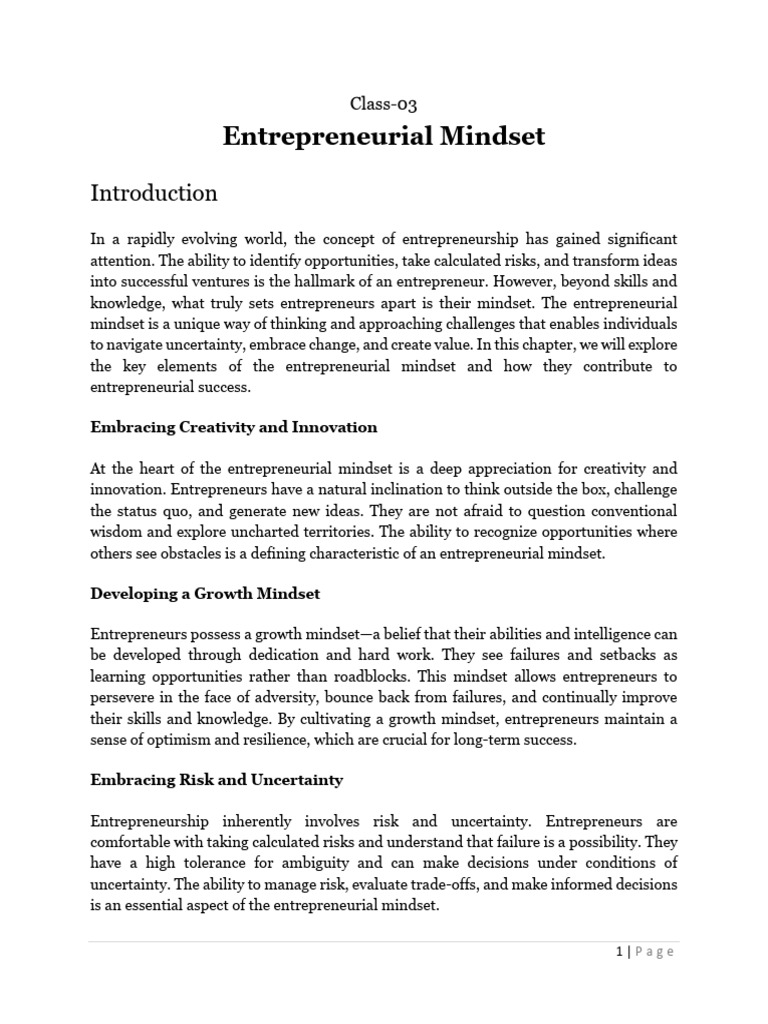 Class-03 E Entrepreneurial-Mindset | PDF | Entrepreneurship | Mindset