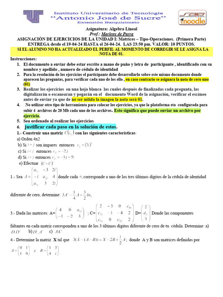 ASIGNACIÓN 1 Unidad I-Matrices y Operaciones (Primera Parte) | PDF