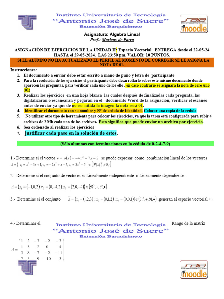 Asignación Unidad II ESPACIO VECTORIAL-Actividad Segundo Corte | PDF | Espacio vectorial ...