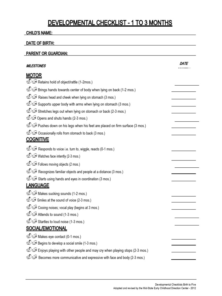 Developmental Milestones Checklist 0-12 Months | PDF | Child ...