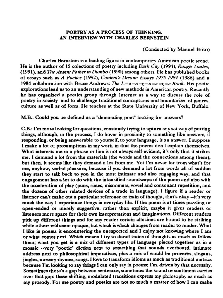 Poetry As A Process of Thinking. An Interview With Charles Bernstein | PDF | Poetry