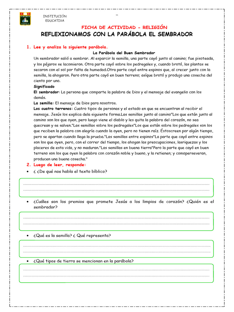 Ficha Juev Reli Reflexionamos Con La Parábola | PDF | Creencia y ... Ficha Juev Reli Reflexionamos Con La Parábola | PDF | Creencia y ...
