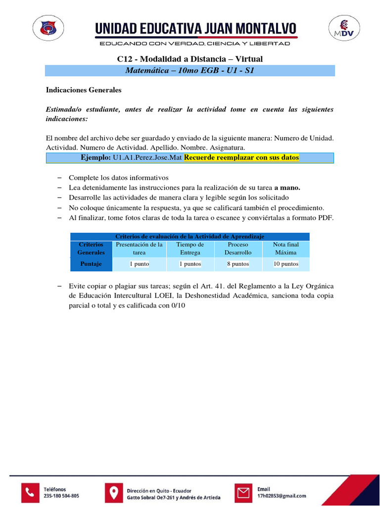 Actividad de Aprendizaje Matemática 10mo - U1 S1 | PDF | Métodos y materiales de enseñanza