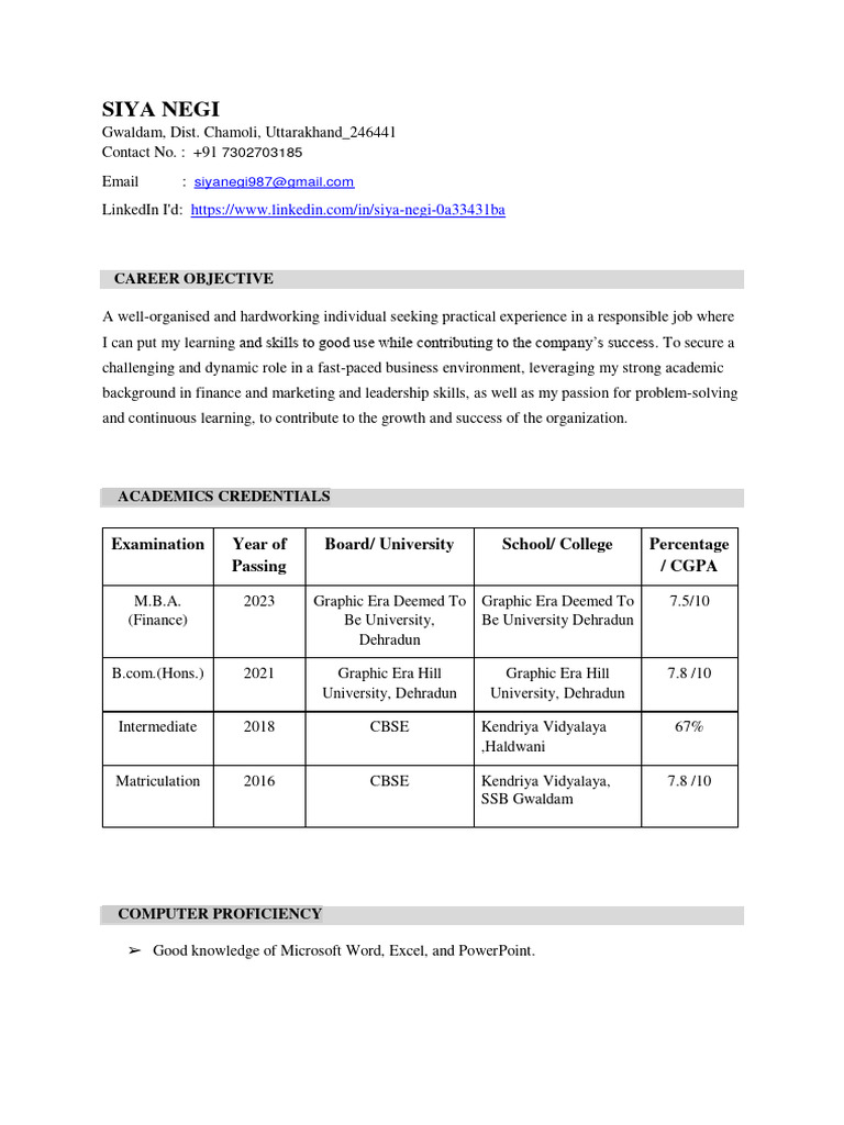 Siya Negi Resume | PDF | Human Communication