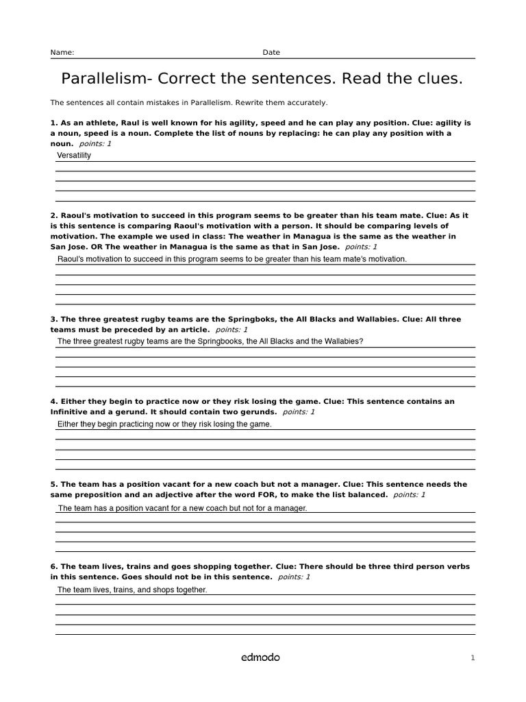 Parallelism - Correct The Sentences. Read The Clues. | PDF | Noun | Adjective