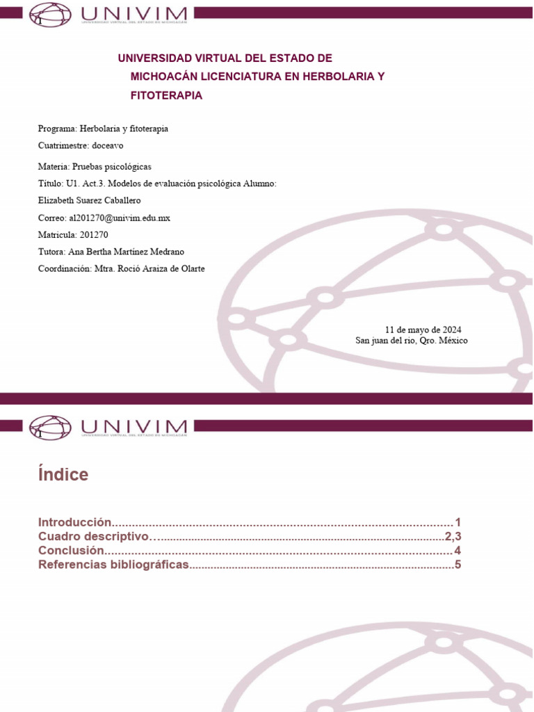 ESuarez - U1 - Act.3 - Modelos de Evaluación Psicológica | PDF | Mente | Trastorno mental