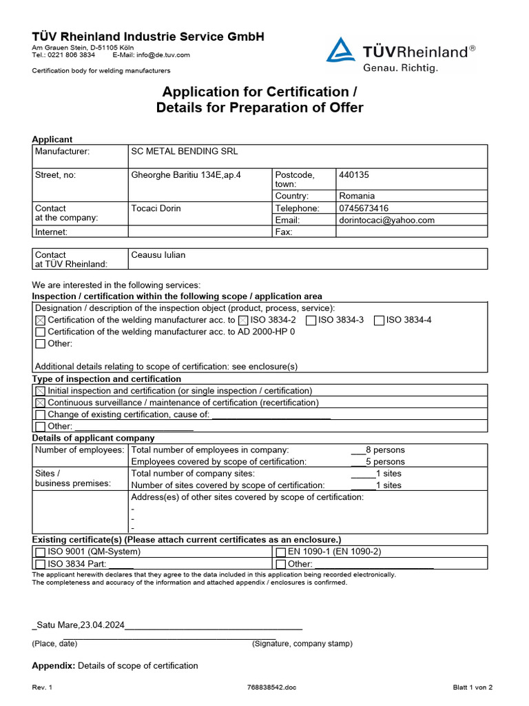 M 002 E Application ISO 3834 Rev1 | PDF | Welding | Construction