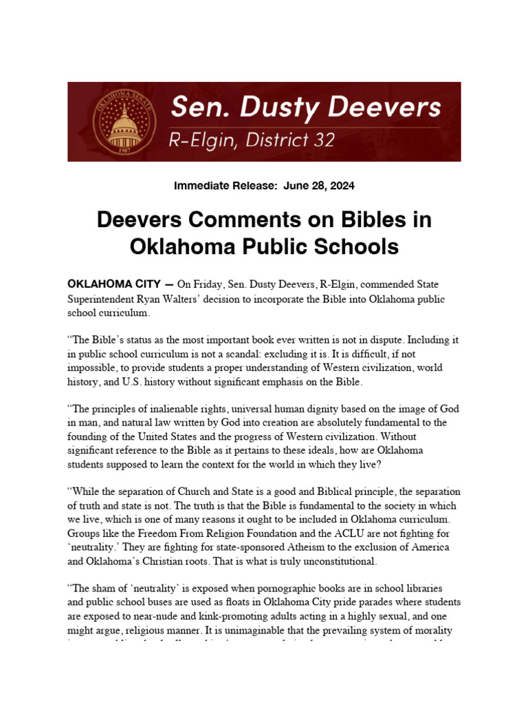 Dusty Deevers Letter On Bible in Schools | PDF | Bible | God