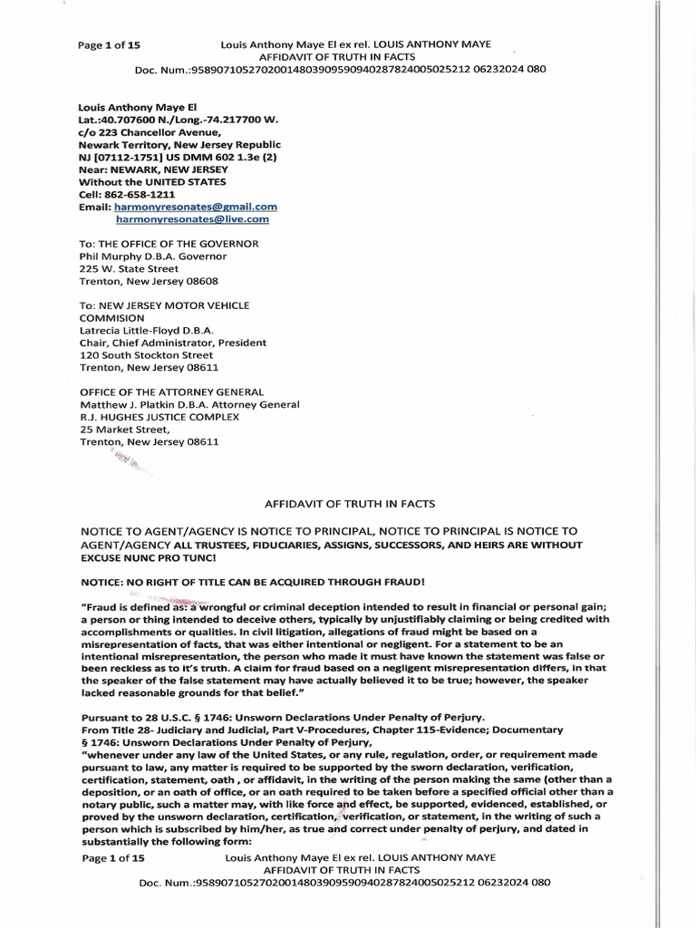 2024-06!30!144226-Affidavit To NJDMVC NJ Govenor NJ Attorney General | PDF