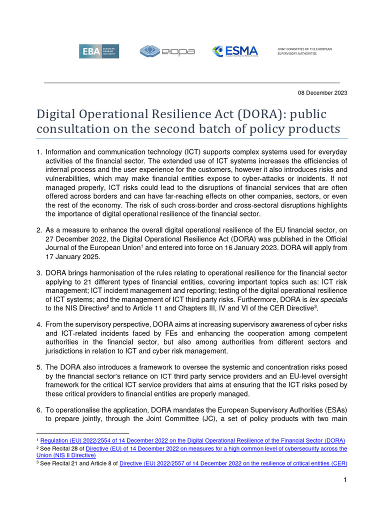 DORA Public Consultation On The Second Batch of Policy Products ...