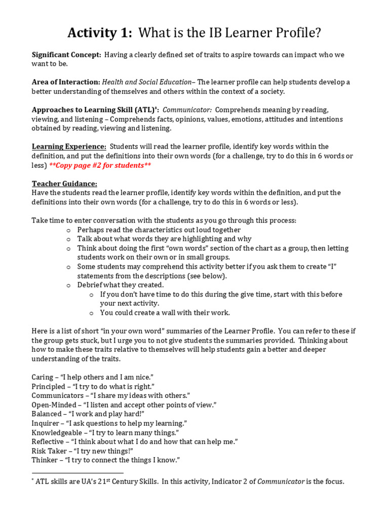 IB Learner Profile Activity | PDF | Learning | Experience