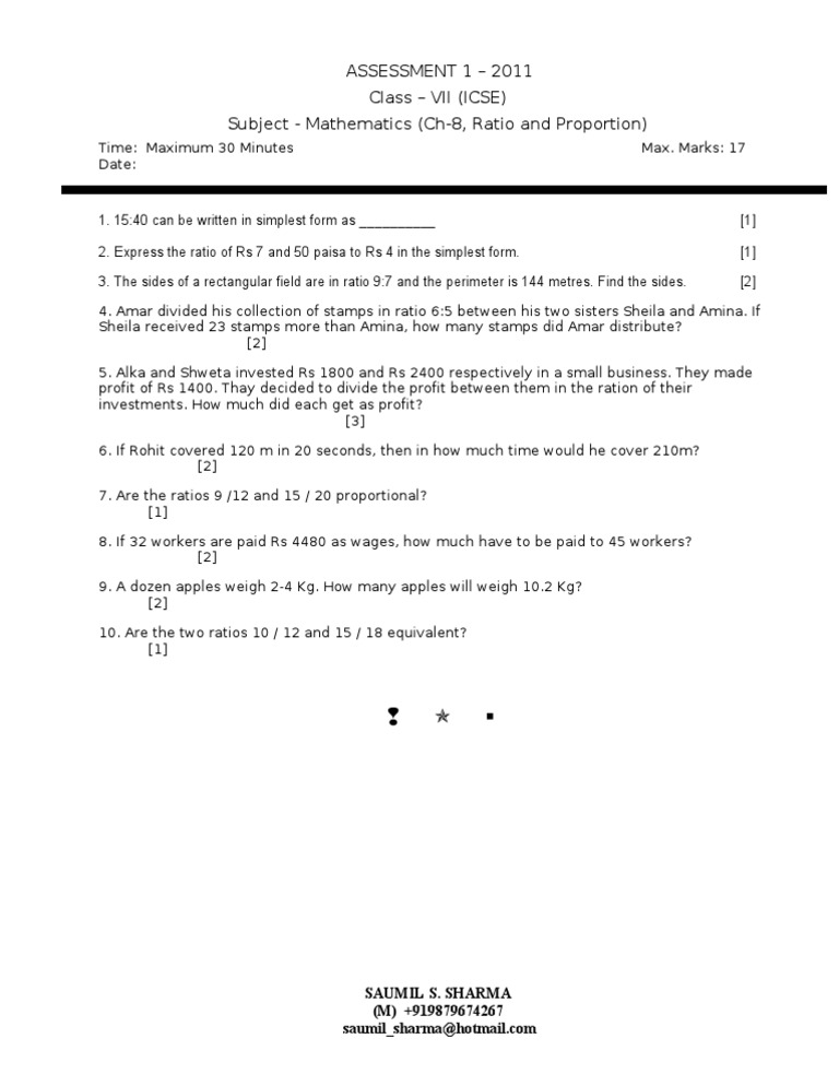 Class 7 Ratio and Proportion Assessment | PDF