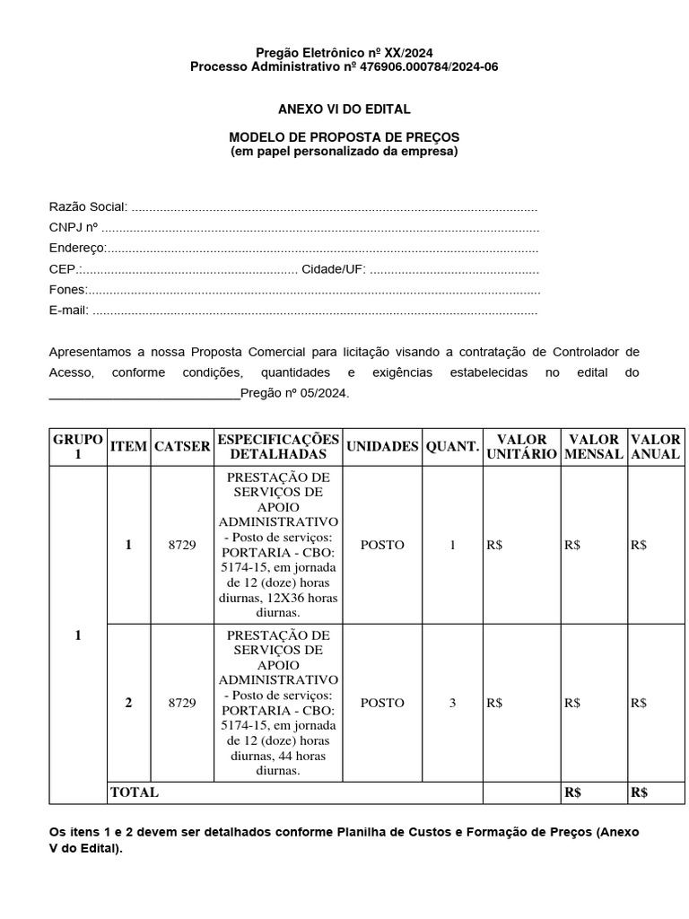 Anexo VI Modelo de Proposta de Preco | PDF