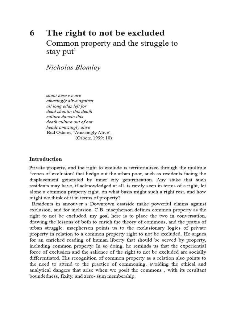 2016 - Blomley - The Right To Not Be Excluded Common Property and The ...