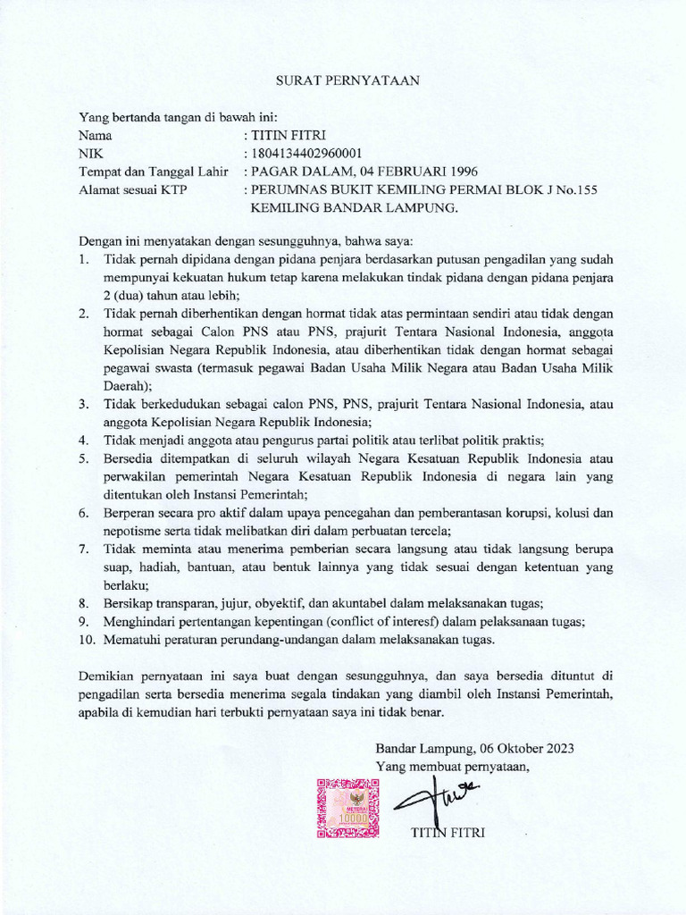 Surat Pernyataan 10 Point Dan Bersedia Ditempatkan Dimana Saja | PDF