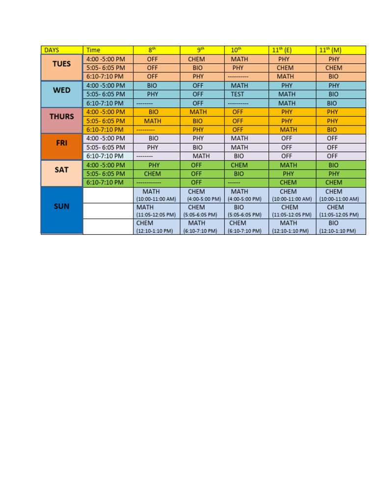 Weekly Class Schedule Overview | PDF | Cooking, Food & Wine | Wellness