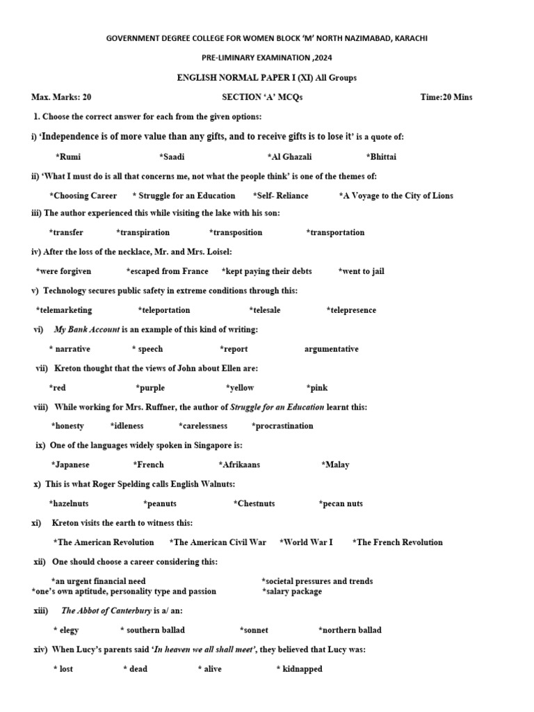 Preliminary Paper 2024 | PDF