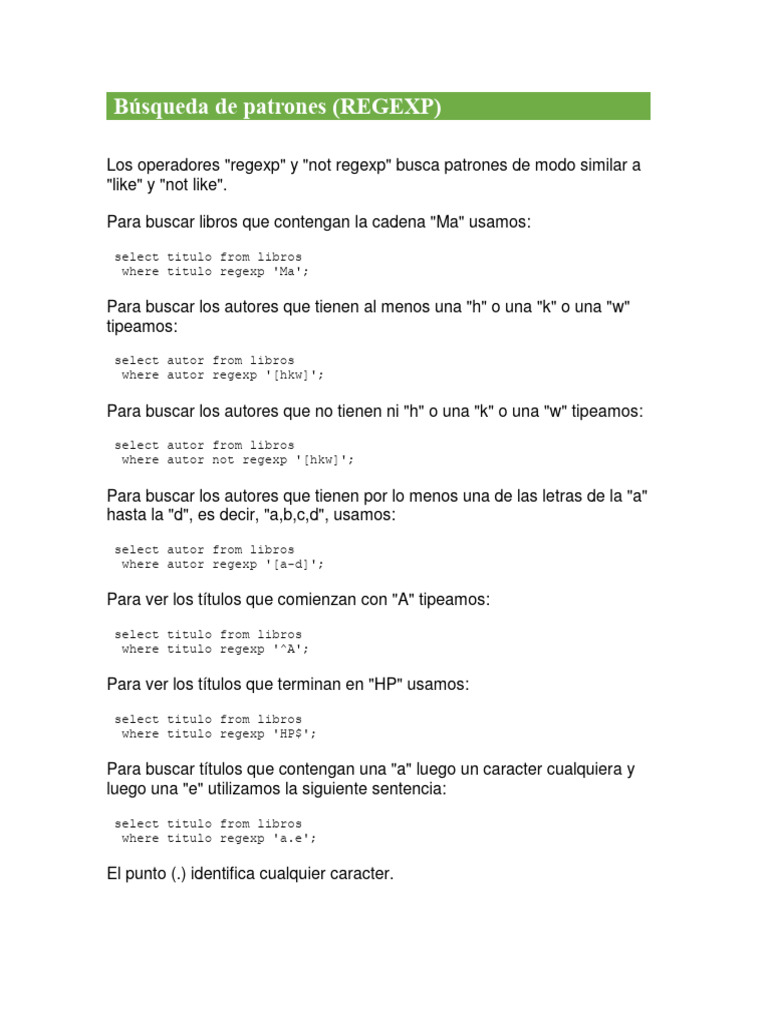 24 - Búsqueda de Patrones (REGEXP) | PDF | Expresión regular | Bases de ...