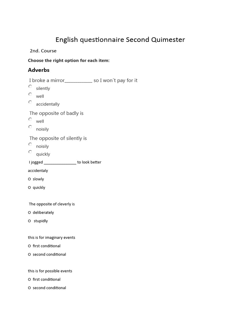 2AB - English Questionnaire Second Quimester | PDF | Verb | Subject (Grammar)