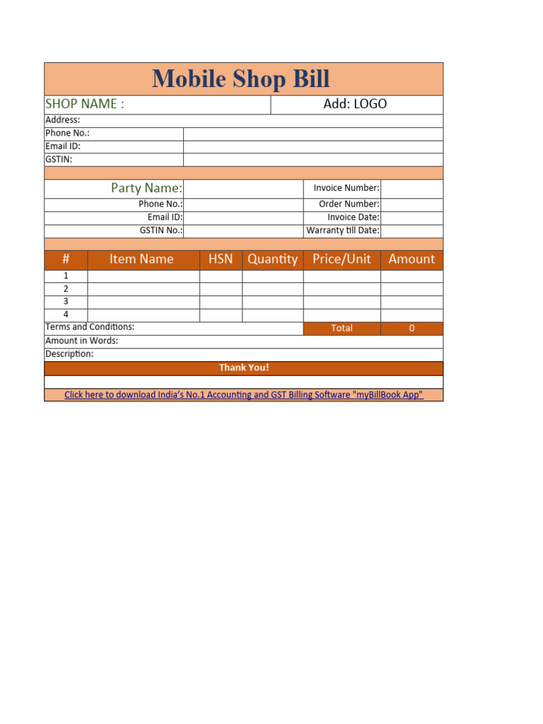 Mobile Shop Bill Format in Excel | PDF
