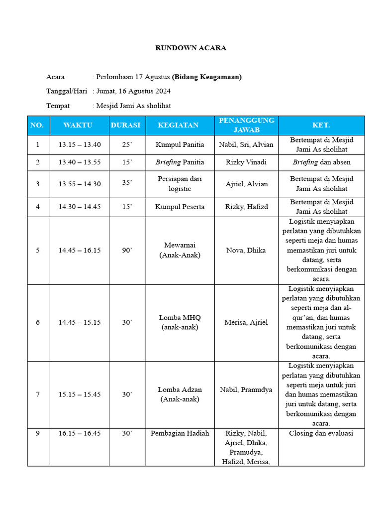 Rundown Acara Lomba 2024 Final | PDF