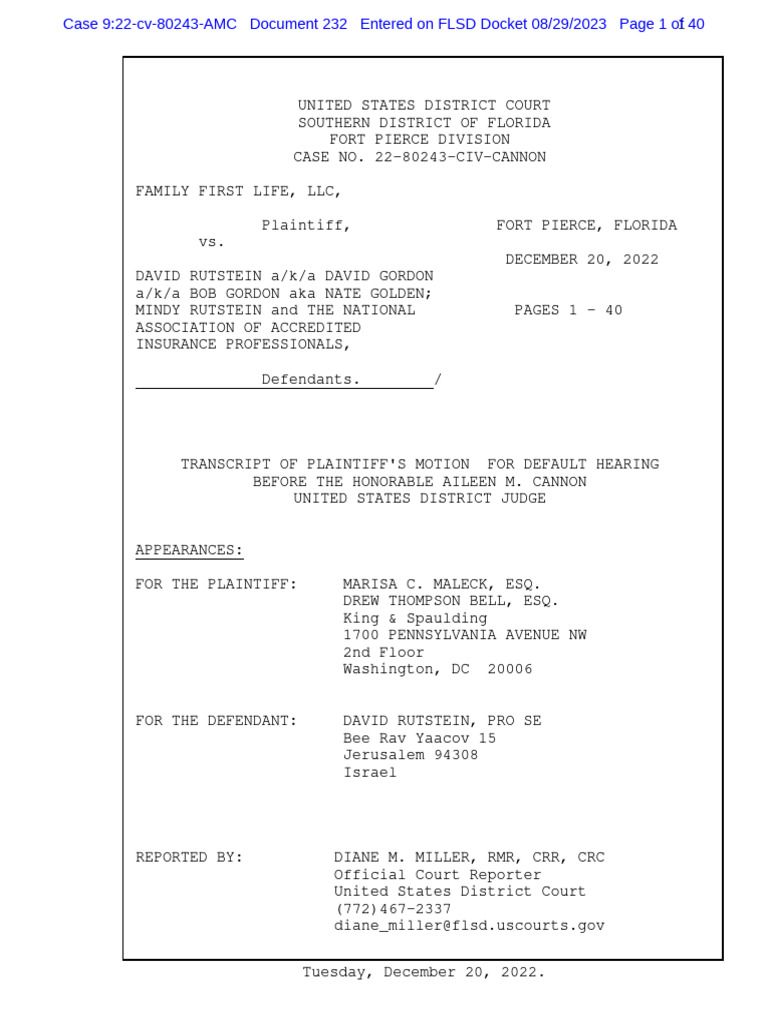 Document 232 Transcript Only Hearing Dec 2022 FFL David | PDF | Lawsuit | Complaint